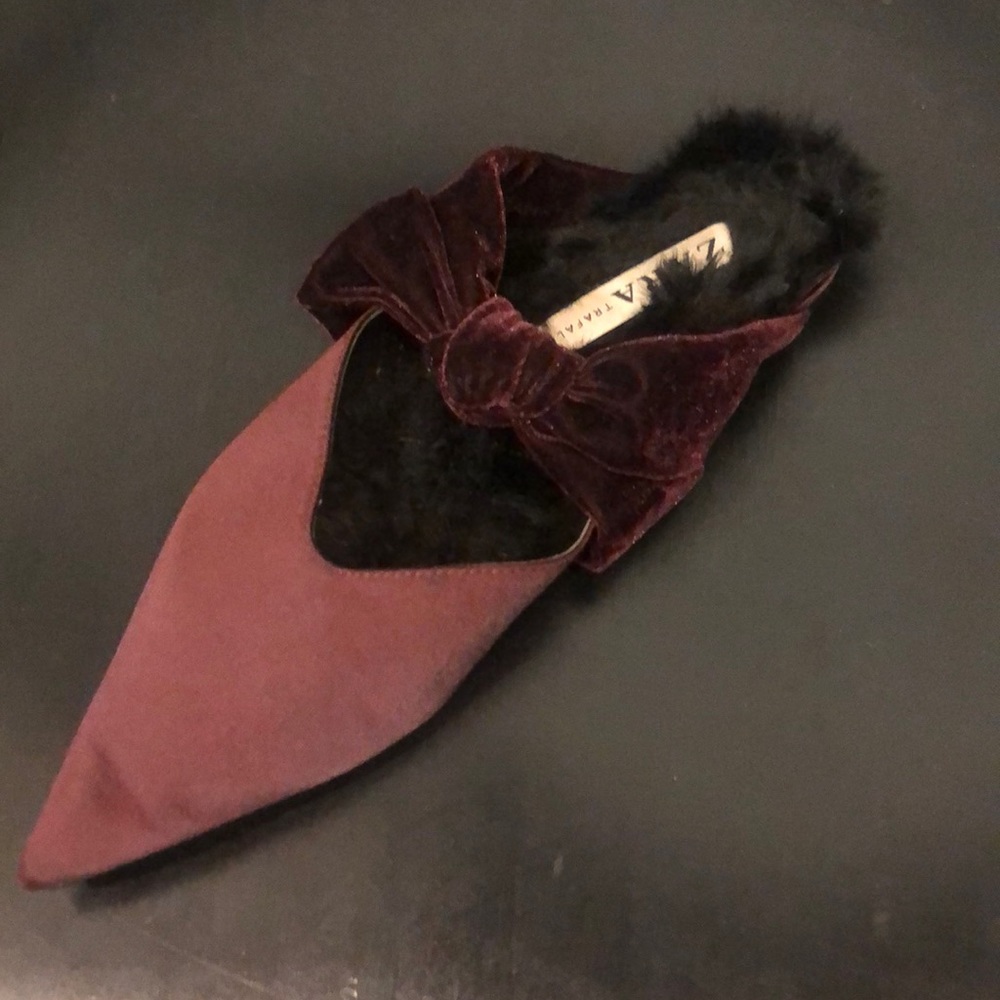 Zara Backless Burgundy Velvet Shoes With Bow - Gem